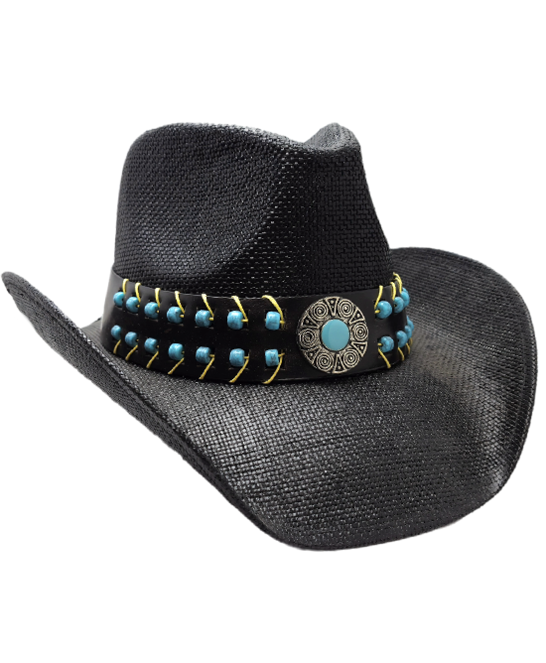 Straw Western Hat Turquoise Beads Black